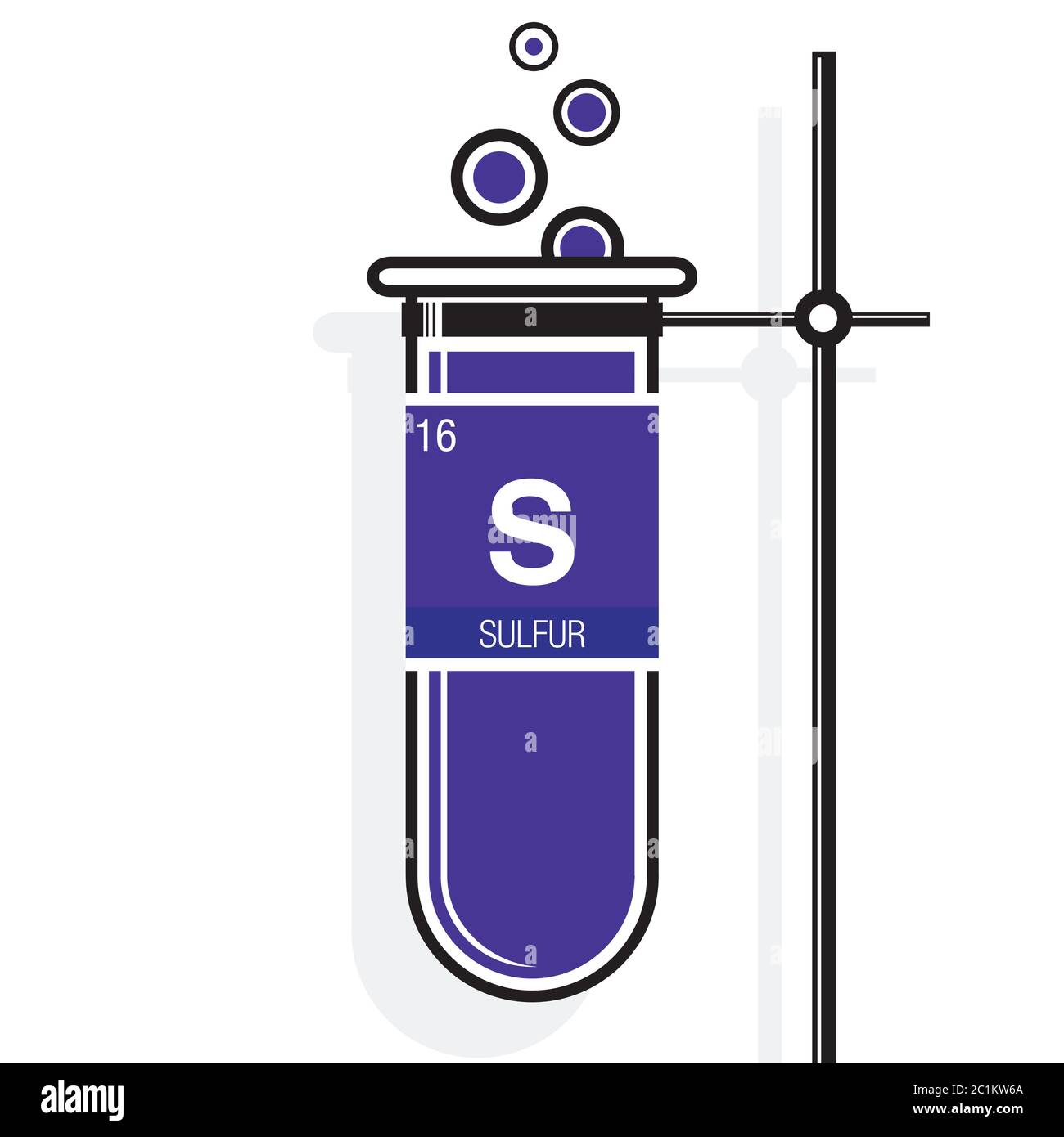 Sulfur symbol on label in a violet test tube with holder. Element ...