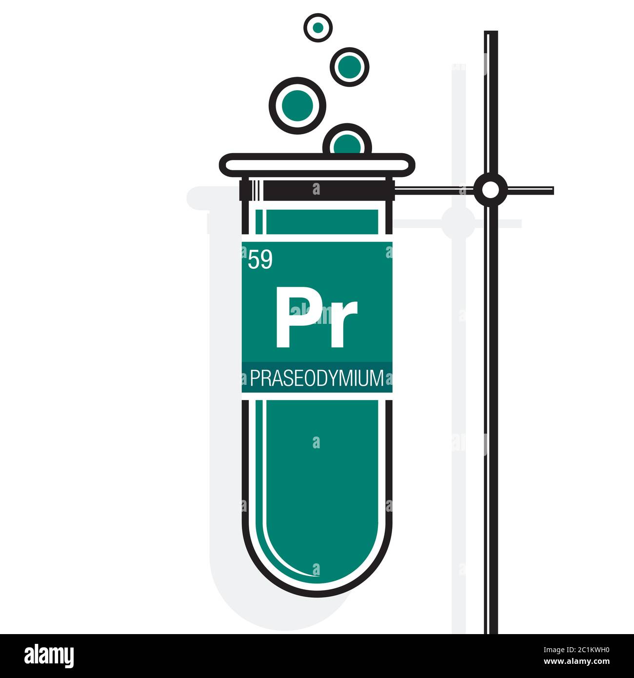 Praseodymium symbol on label in a green test tube with holder. Element ...