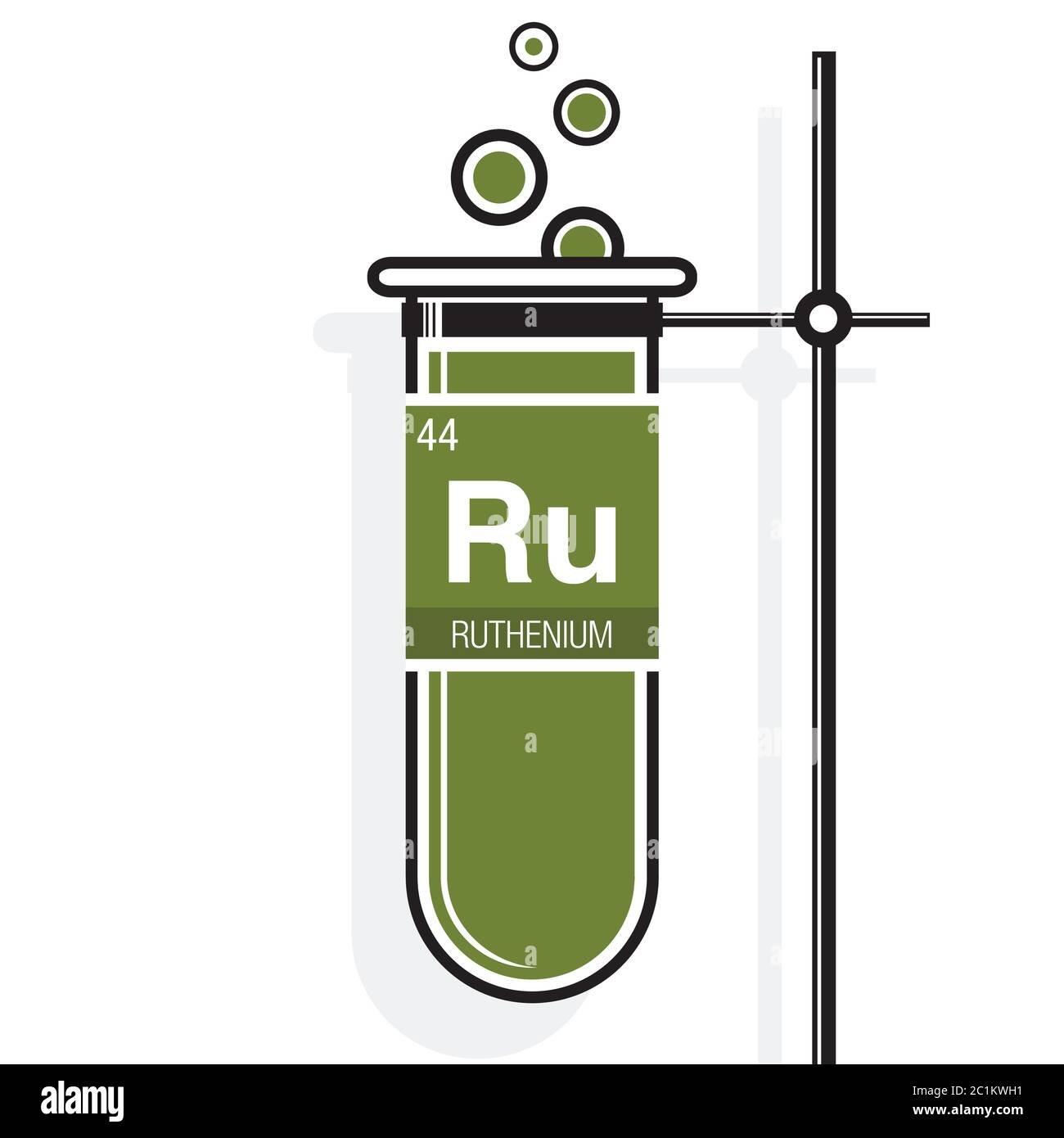 Ruthenium symbol on label in a green test tube with holder. Element ...