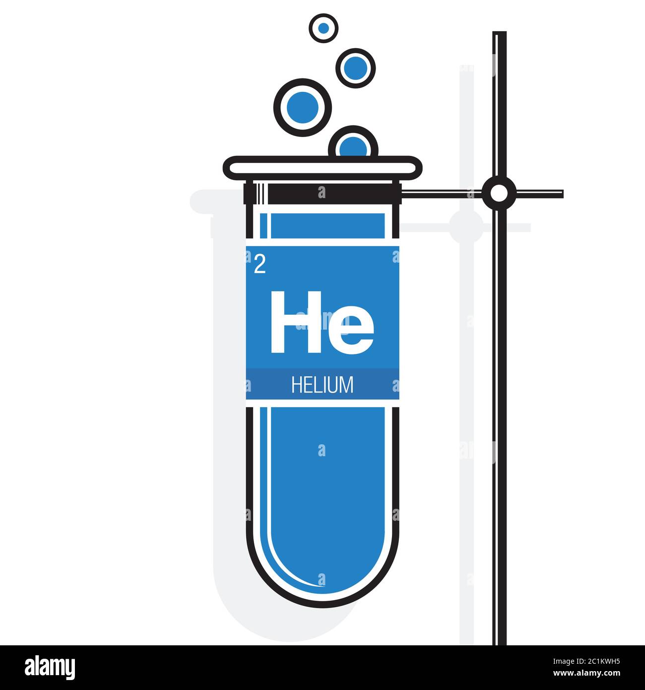 Helium symbol on label in a blue test tube with holder. Element number ...