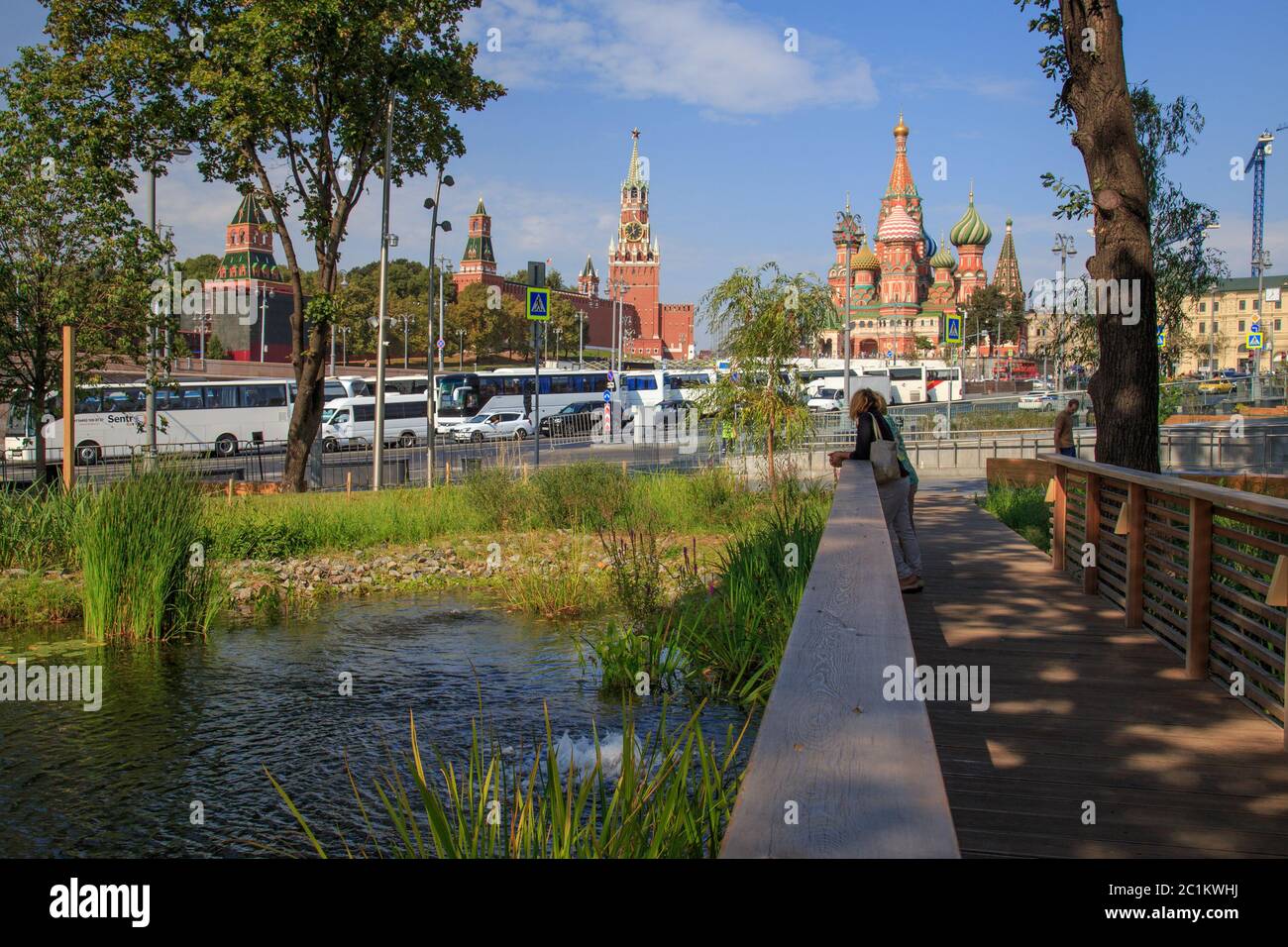 Green trees and grass on the background of the Moscow Kremlin and the ...