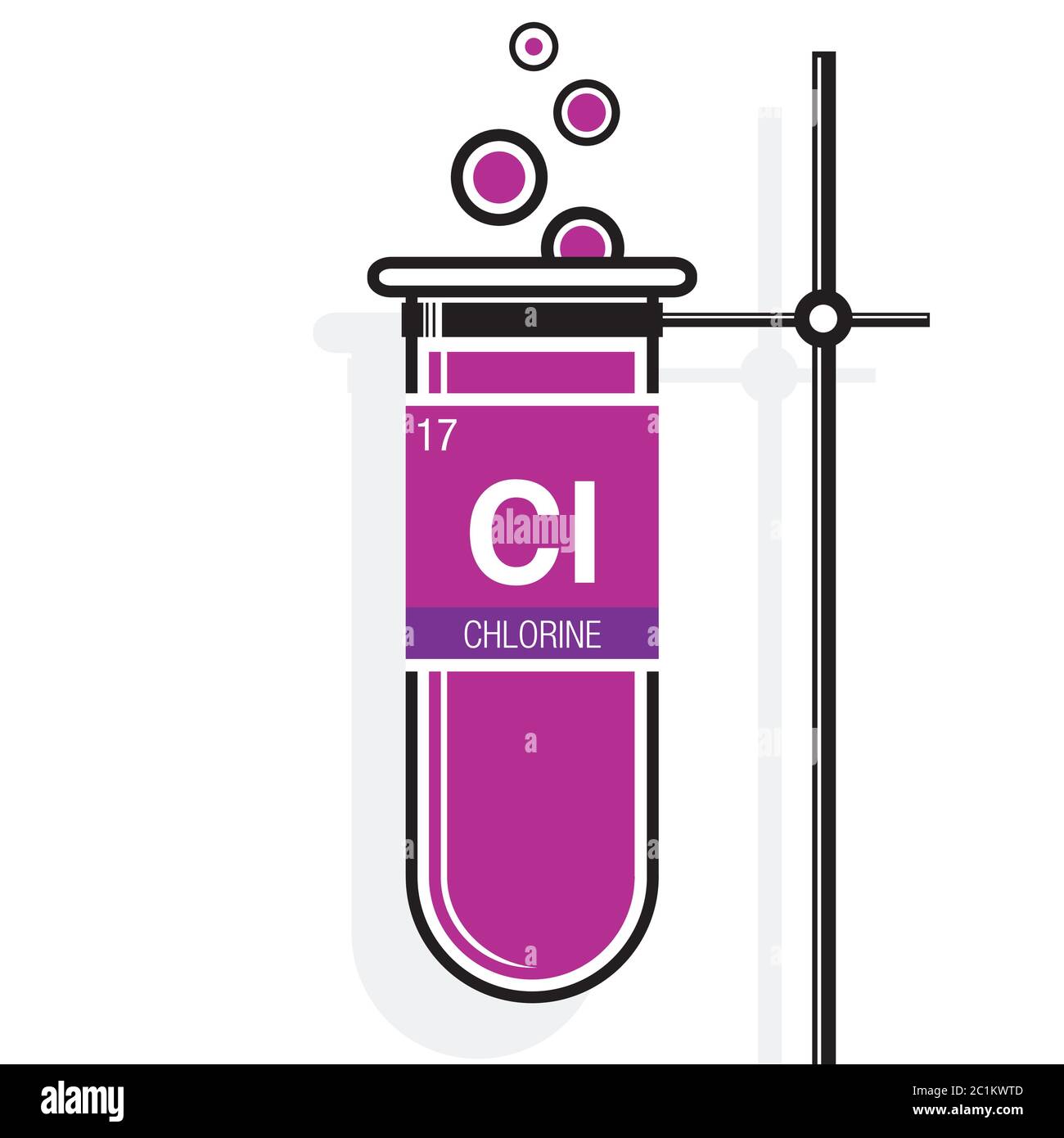 Chlorine symbol on label in a magenta test tube with holder. Element ...