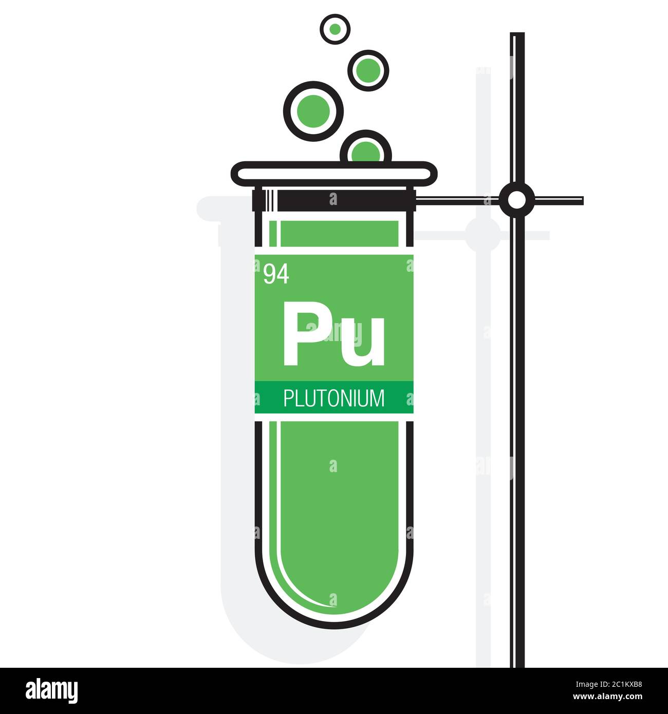 Plutonium symbol on label in a green test tube with holder. Element ...