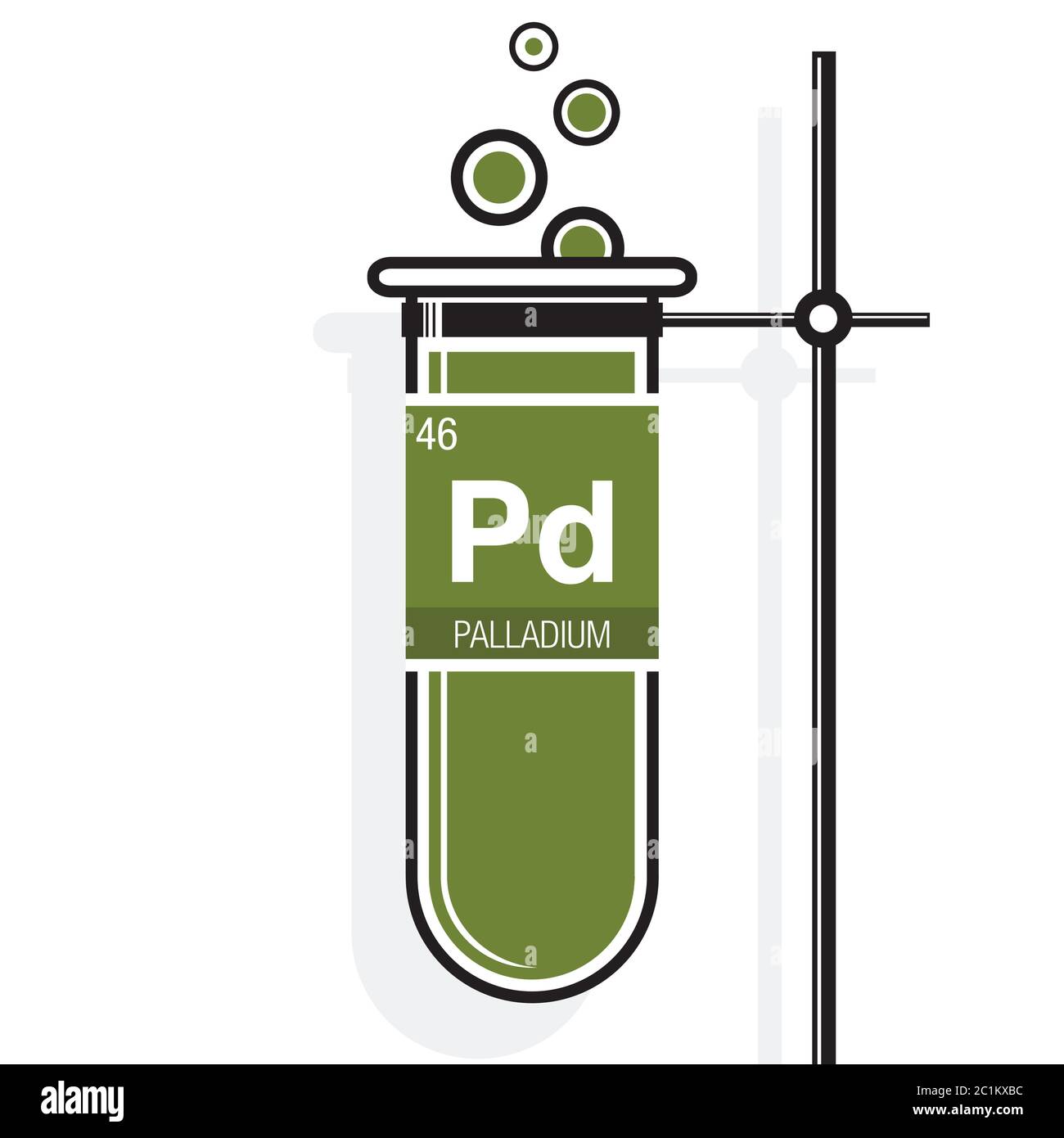 Palladium symbol on label in a green test tube with holder. Element ...