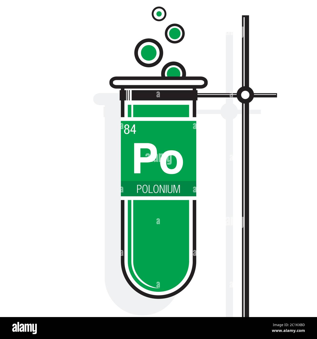 Polonium symbol on label in a green test tube with holder. Element ...