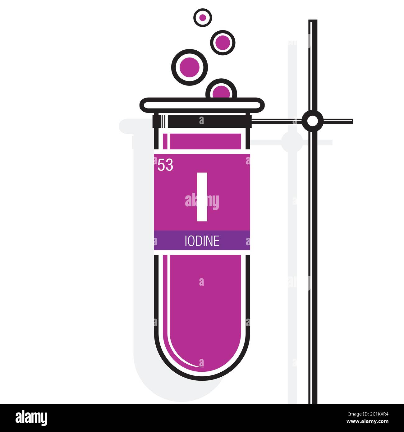 Iodine symbol on label in a magenta test tube with holder. Element ...