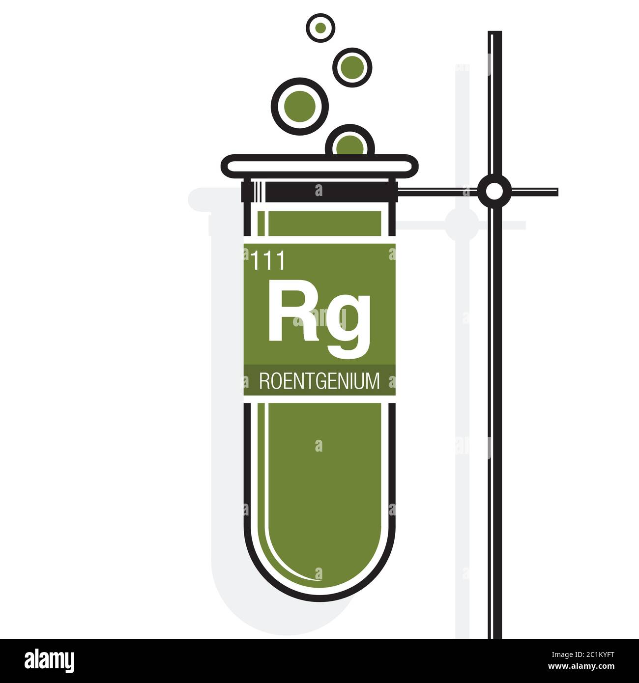 Roentgenium symbol on label in a green test tube with holder. Element ...