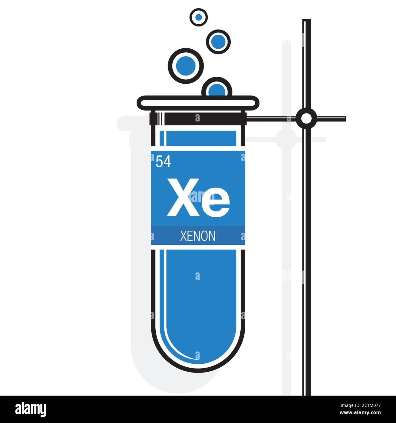 Xenon symbol on label in a blue test tube with holder. Element number ...