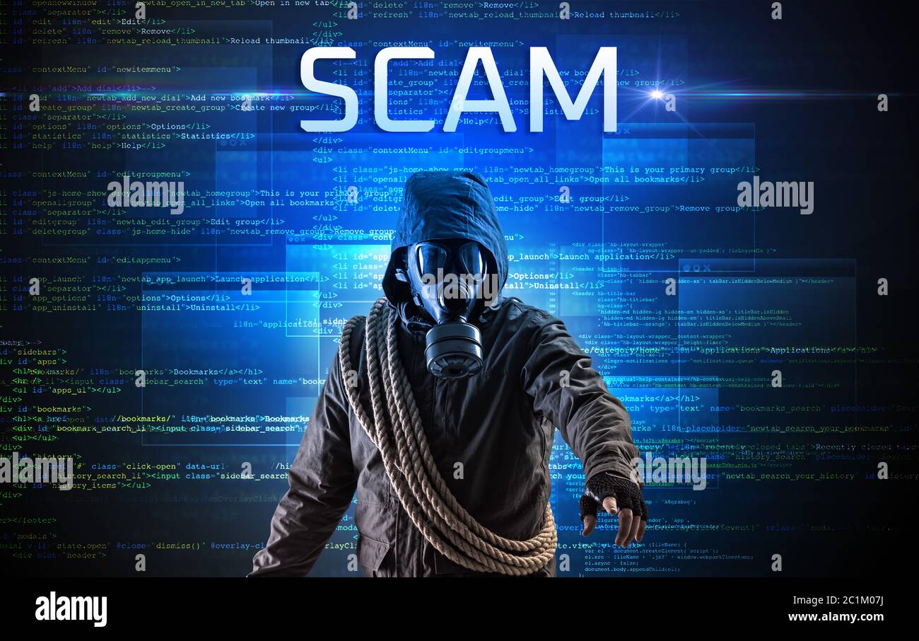 Faceless hacker with SCAM inscription on a binary code background Stock ...