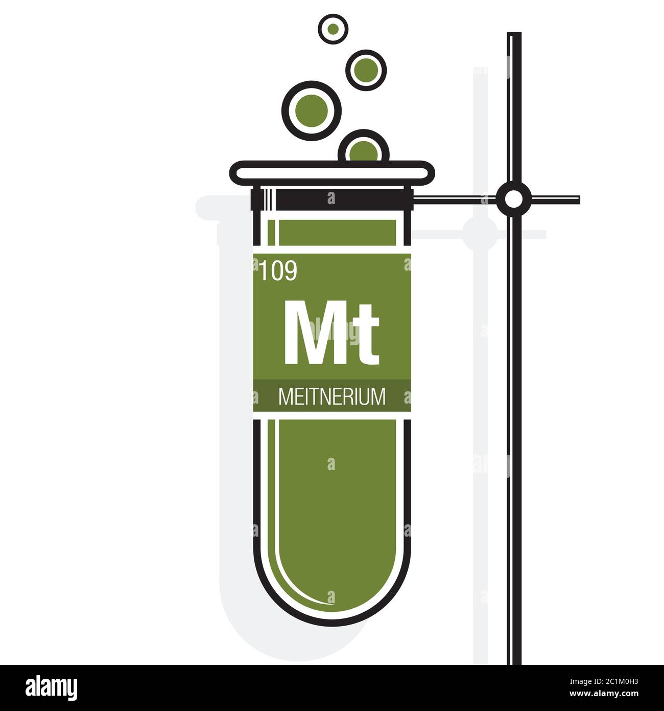 Meitnerium symbol on label in a green test tube with holder. Element ...