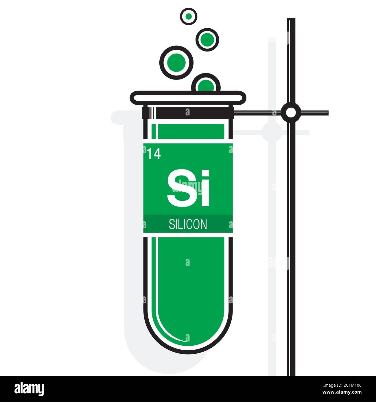 Silicon symbol on label in a green test tube with holder. Element ...