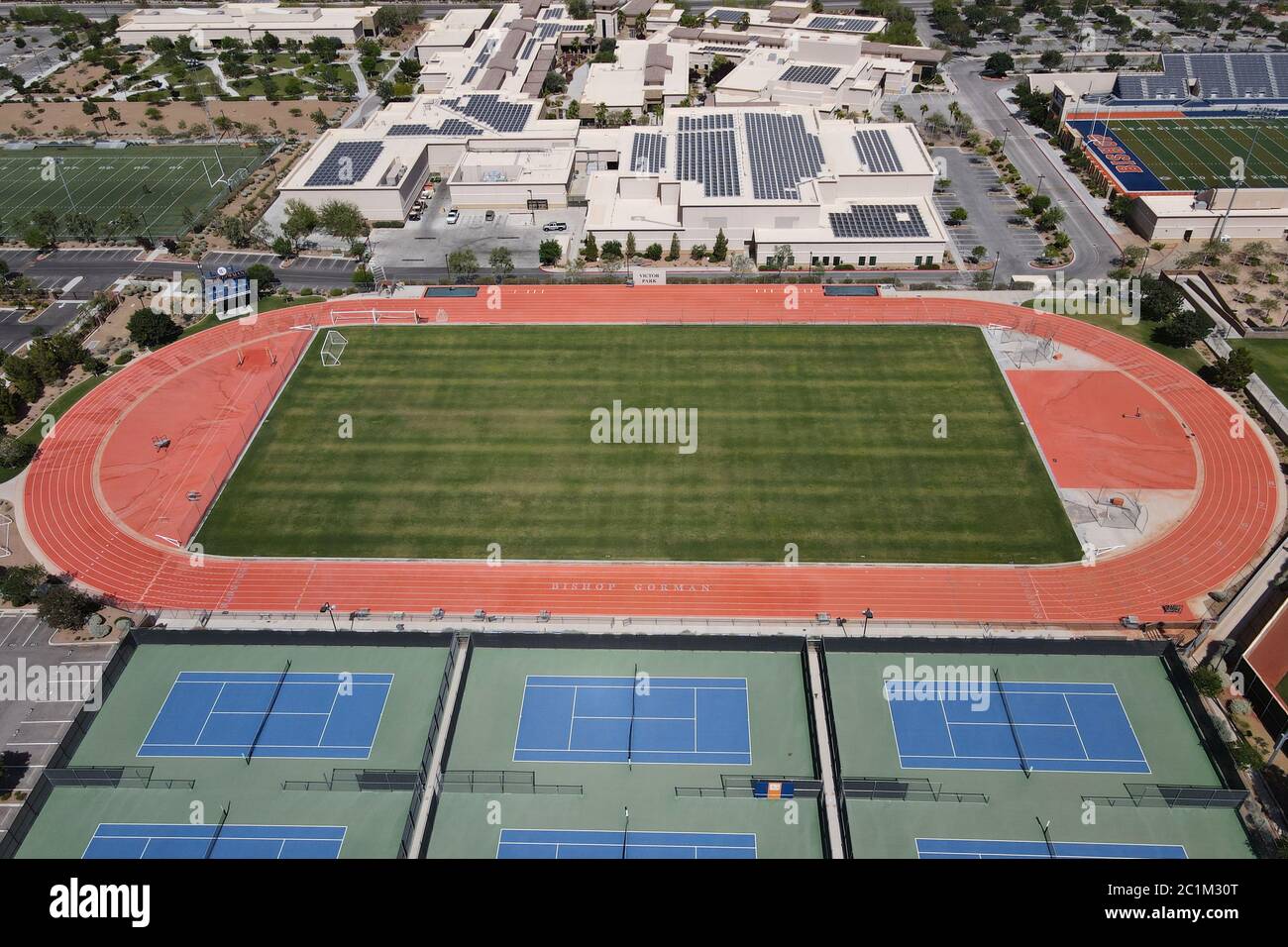 A general view of Bishop Gorman High School track, soccer field and ...
