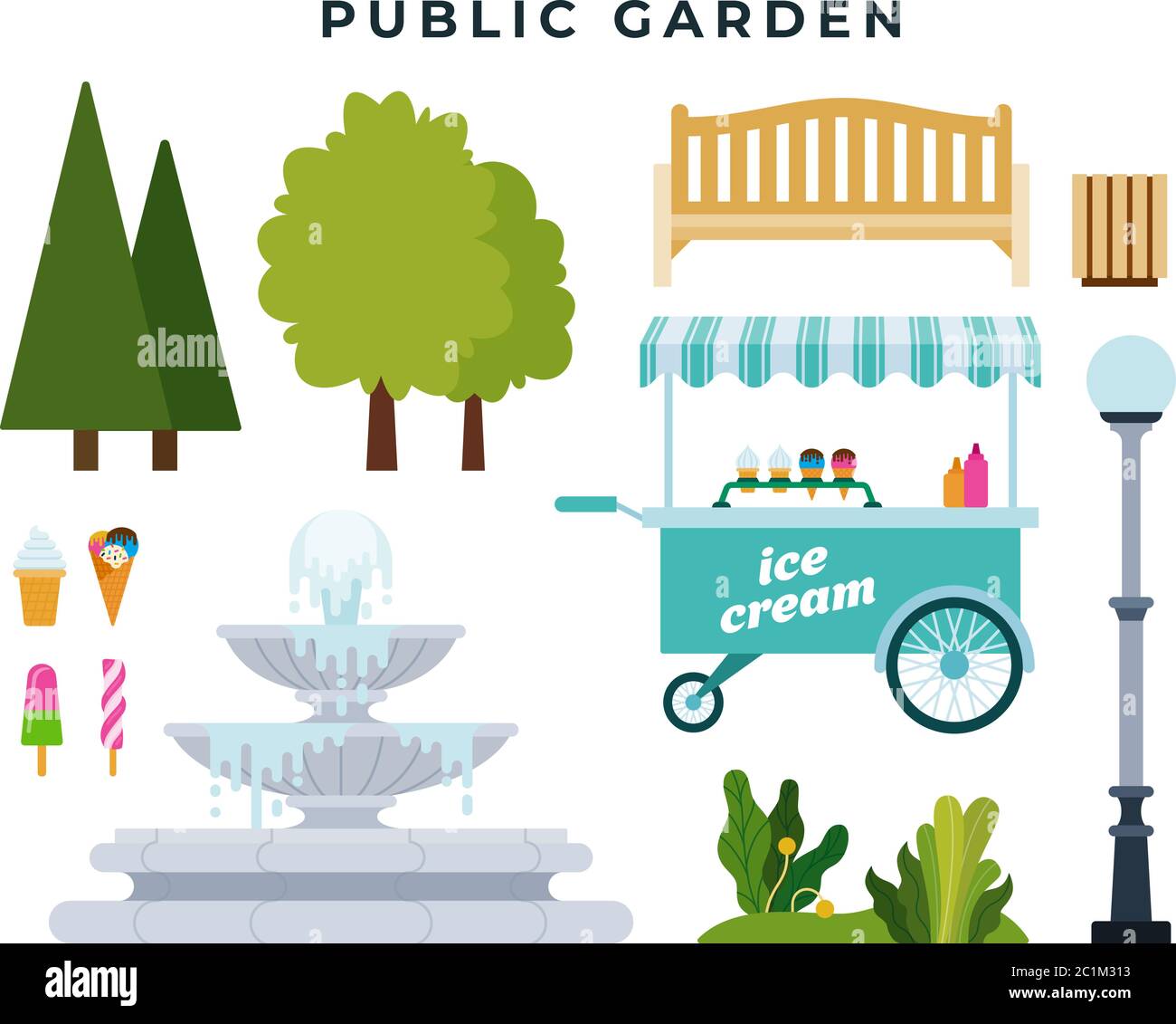 Public garden or park constructor. Set of different park elements trees ...