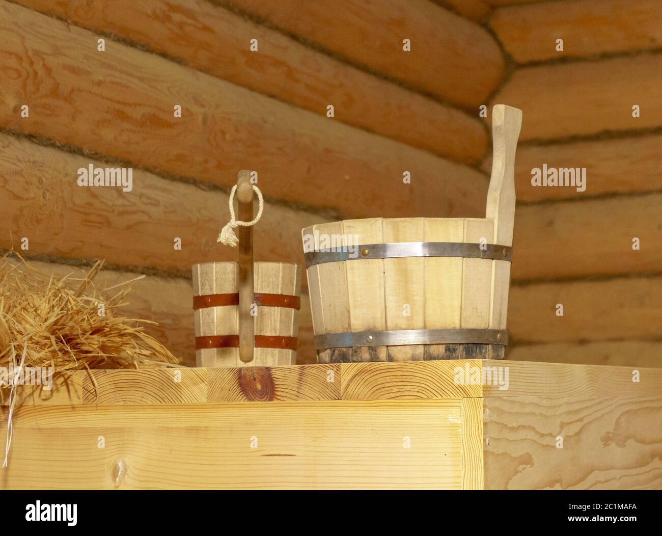 Traditional equipment for Russian bath from wood Stock Photo - Alamy