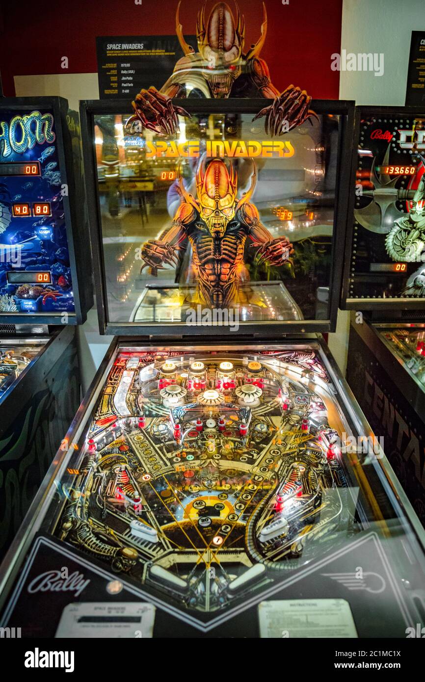 Budapest, Hungary - March 25, 2018: Pinball museum. Pinball table close ...