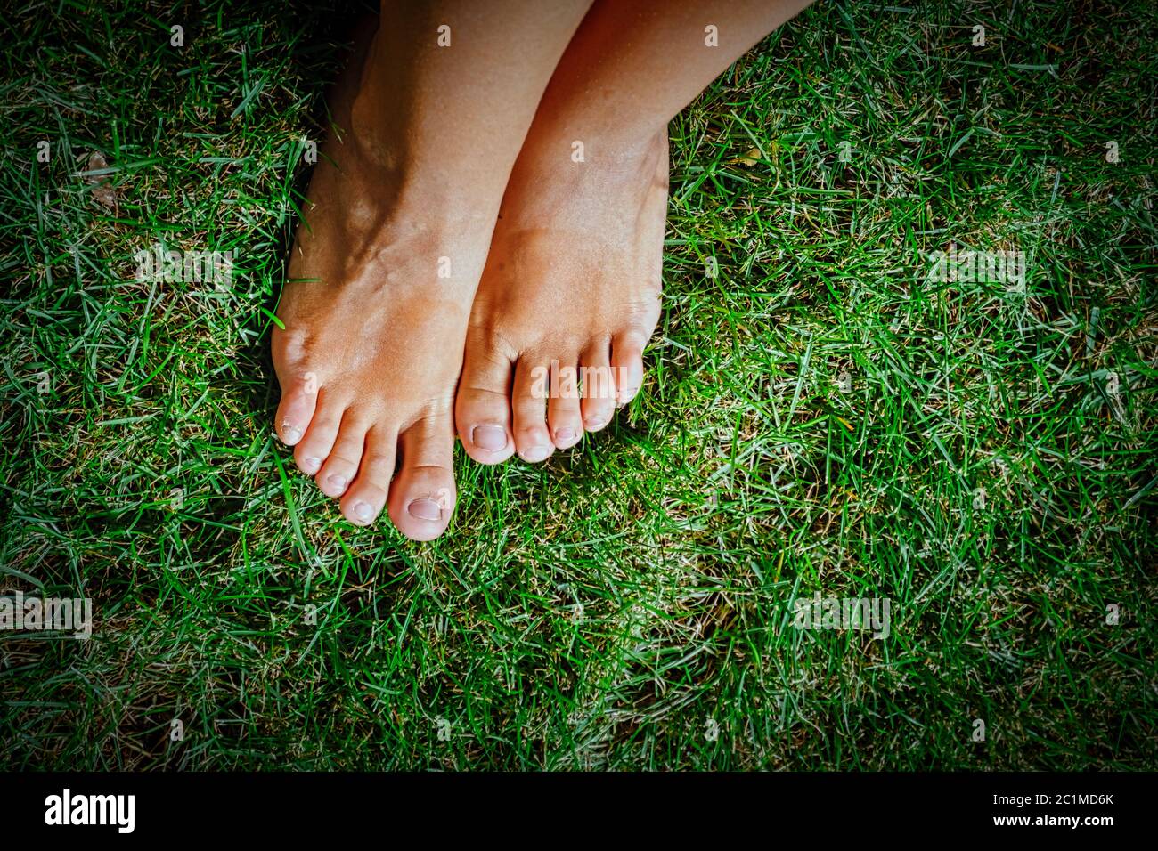 Feet on grass shot from above. Image with copyspace and vignette. Soft tender bare feet are set ...