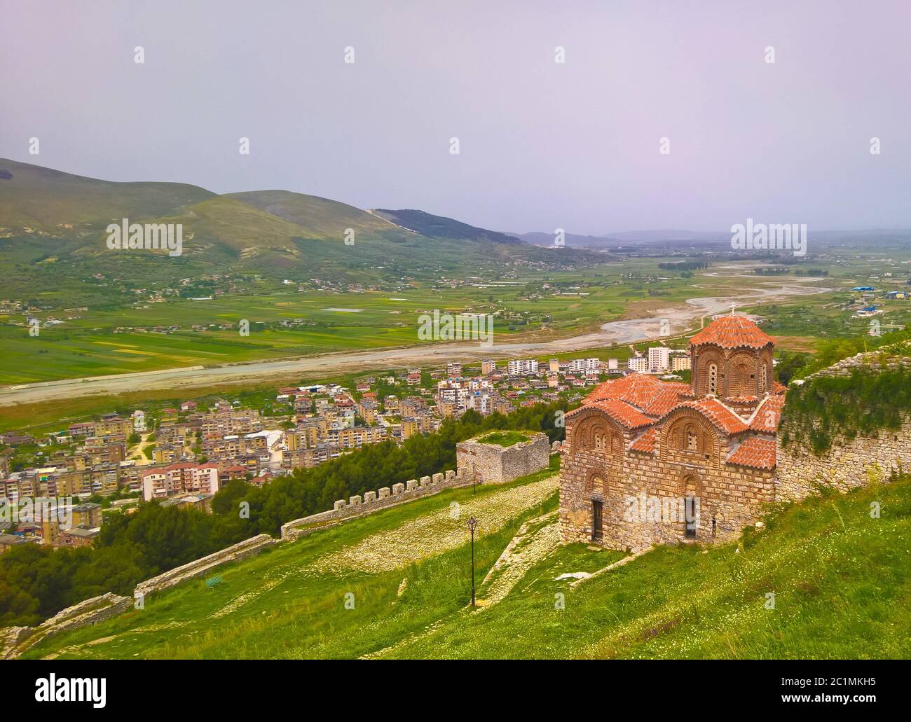 Panoramic aerial view to Berat old town and Osum river and Holy Trinity ...