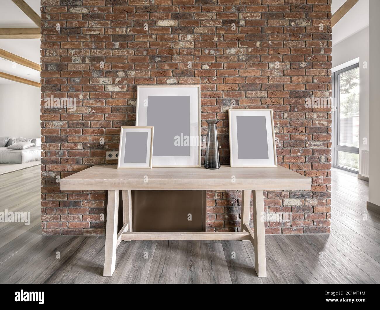 Stylish interior in modern style with wooden beams Stock Photo - Alamy