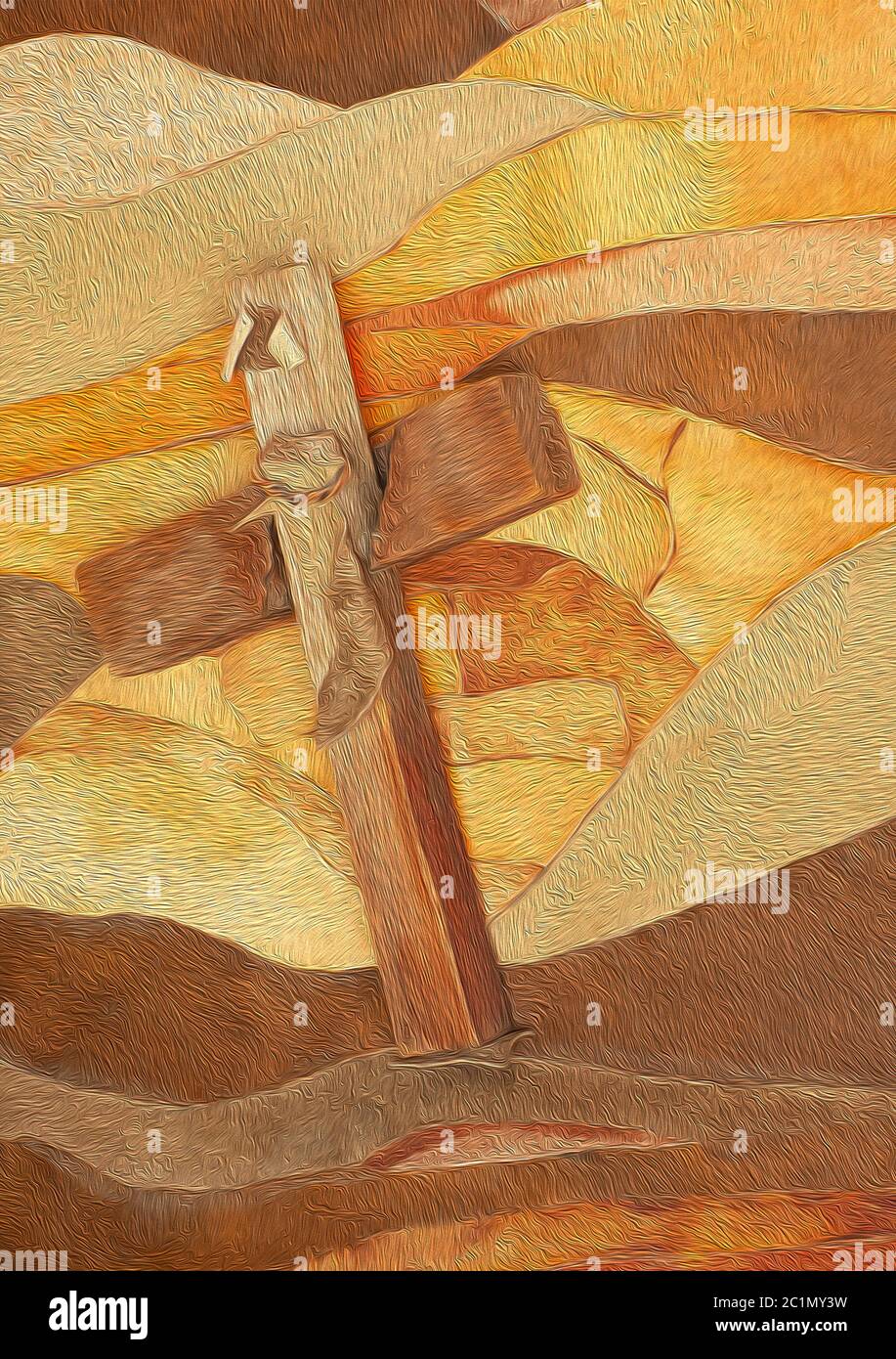 Jesus Christ on the cross, an art collage in leather and wood with ...