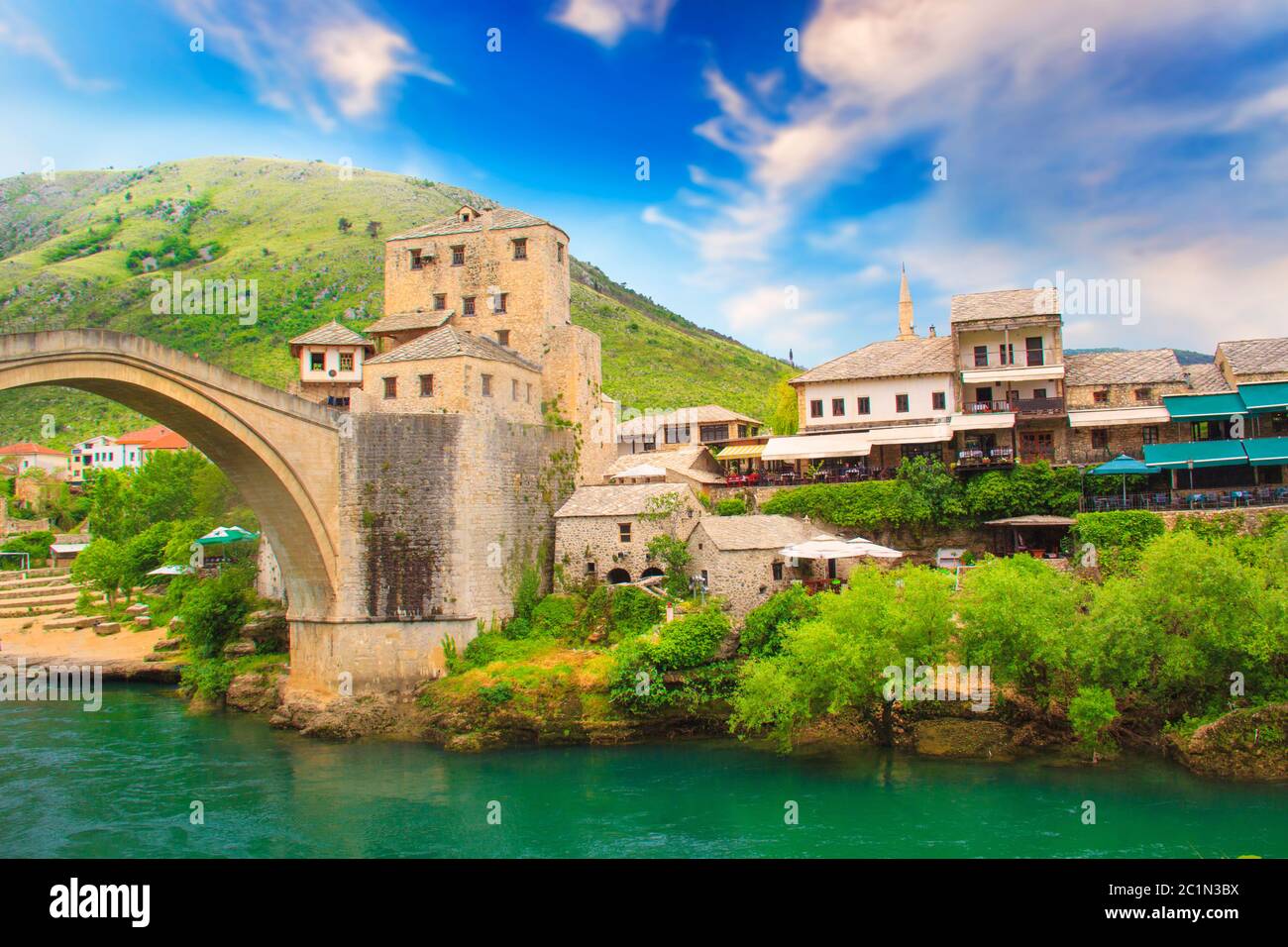 Beautiful view of the medieval town of Mostar from the Old Bridge in ...