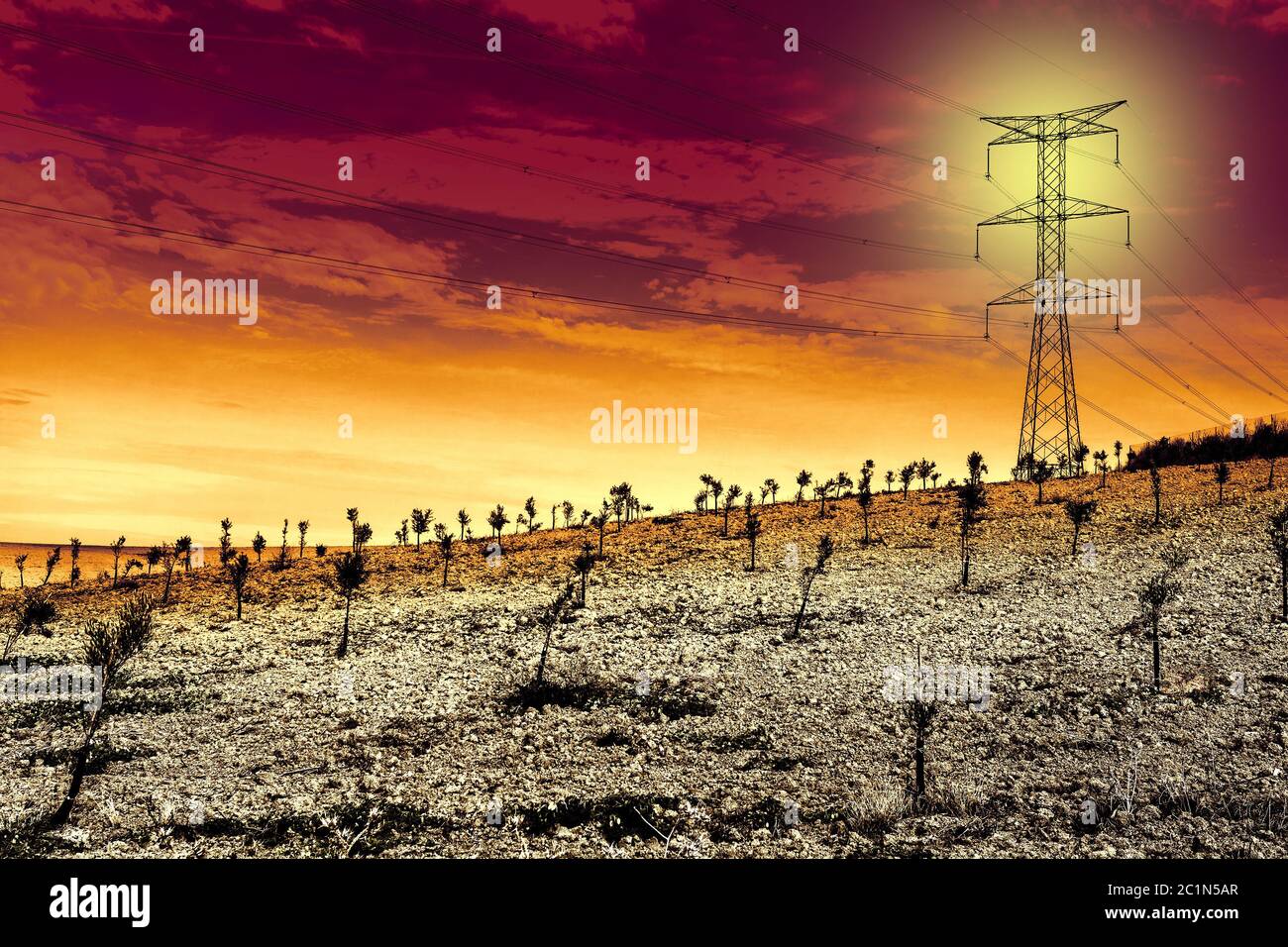 Electrical power lines in a mysterious light Stock Photo - Alamy