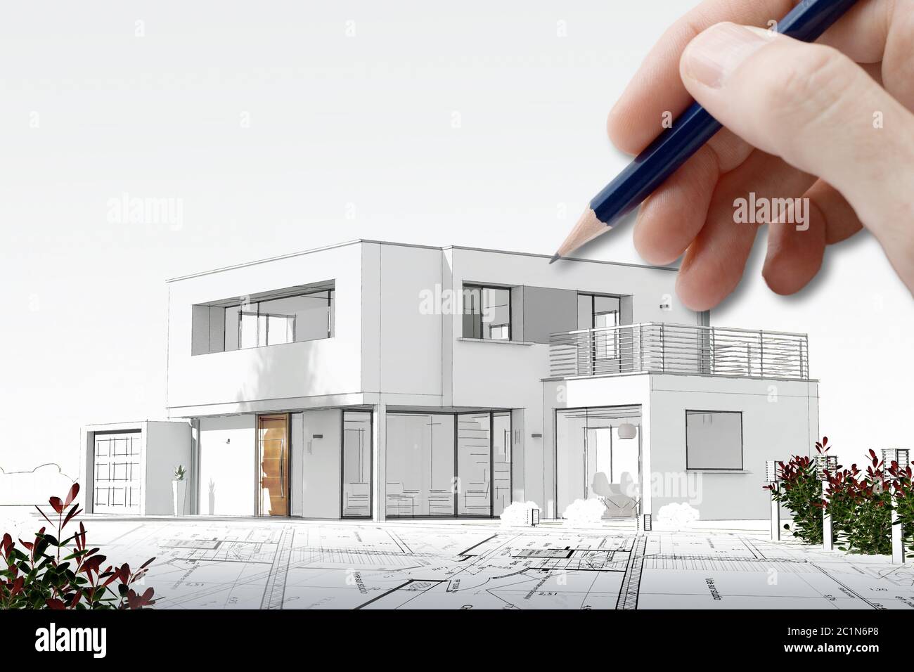 Sketch of a modern house with a pen Stock Photo - Alamy