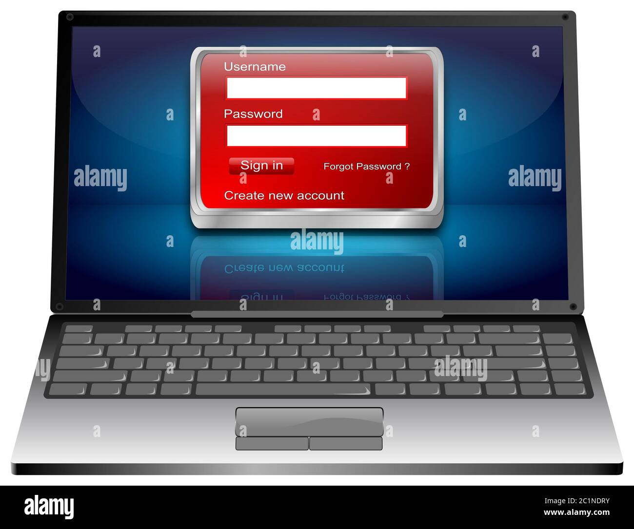 Laptop Computer with red Login Screen on blue desktop - 3D illustration ...