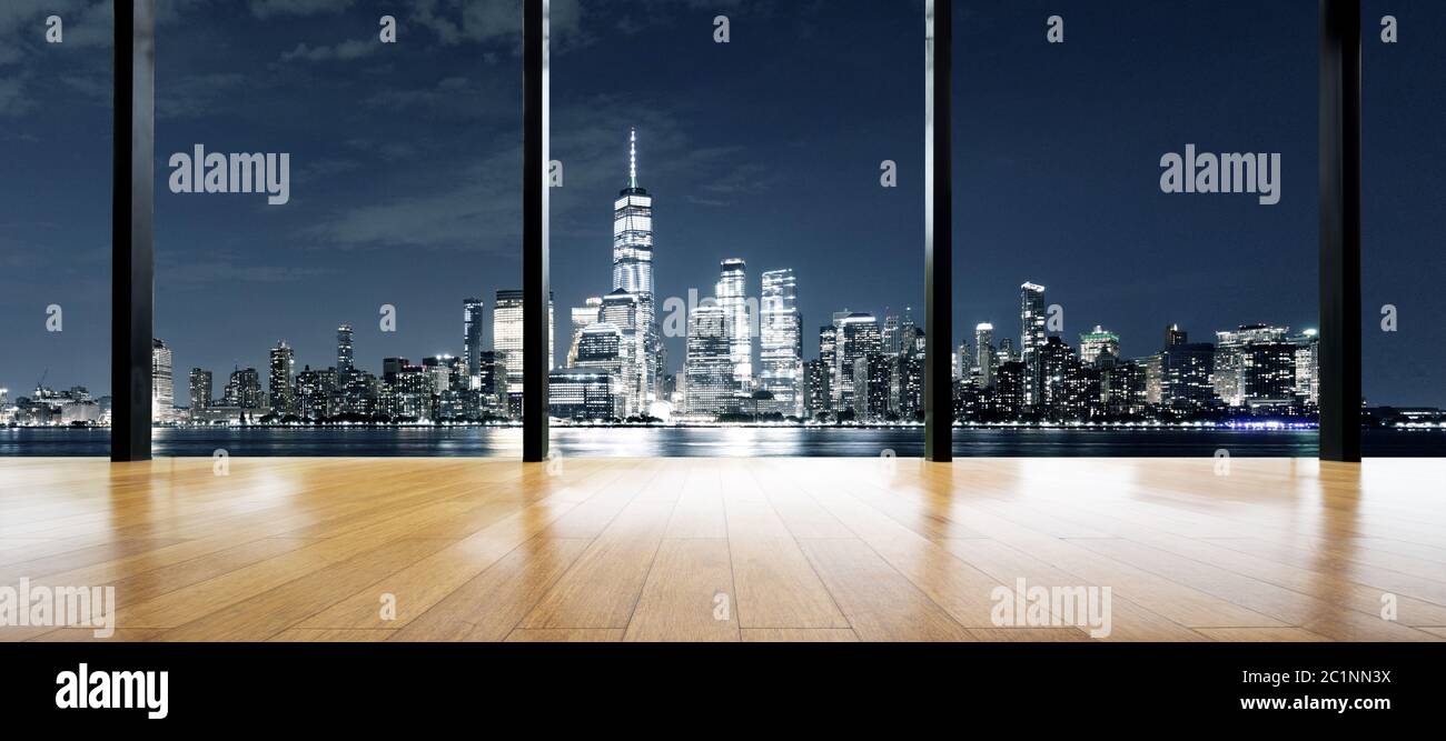 empty wooden floor with cityscape out of window Stock Photo - Alamy