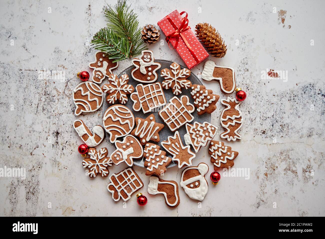 Different shapes of Christmas gingerbread cookies assorted in circle ...