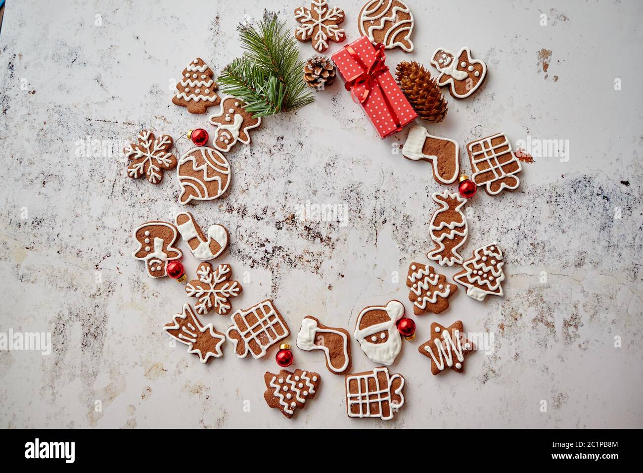 Different shapes of Christmas gingerbread cookies assorted in circle ...