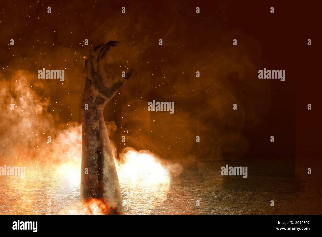 Zombie hand with blood and wound with an explosion on black background ...