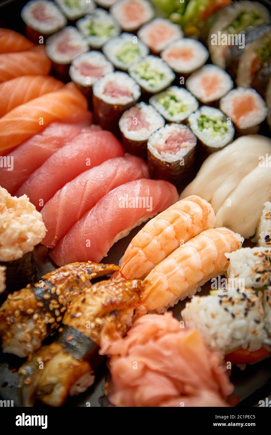 Close up of various types of japanese fresh prepared sushi Stock Photo ...