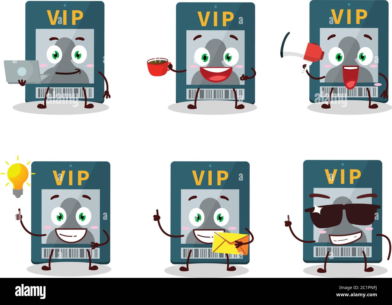 Vip card cartoon character with various types of business emoticons ...