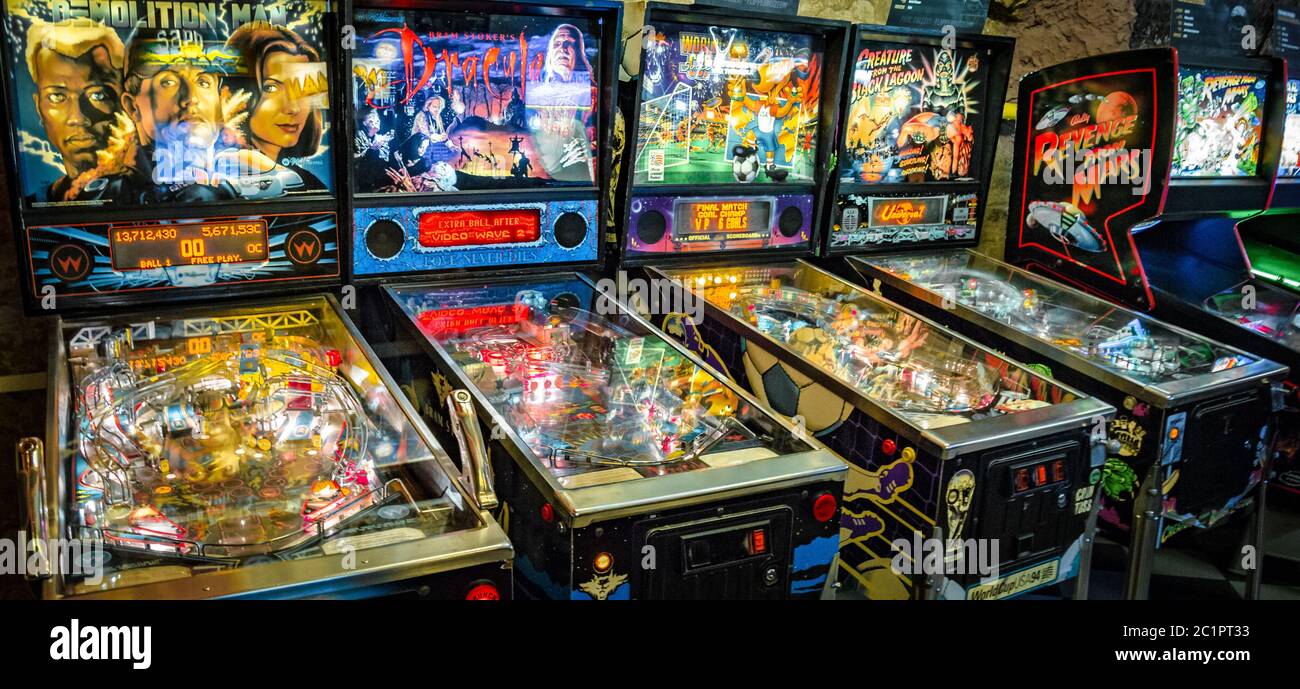 Budapest, Hungary - March 25, 2018: Pinball museum. Pinball table close ...