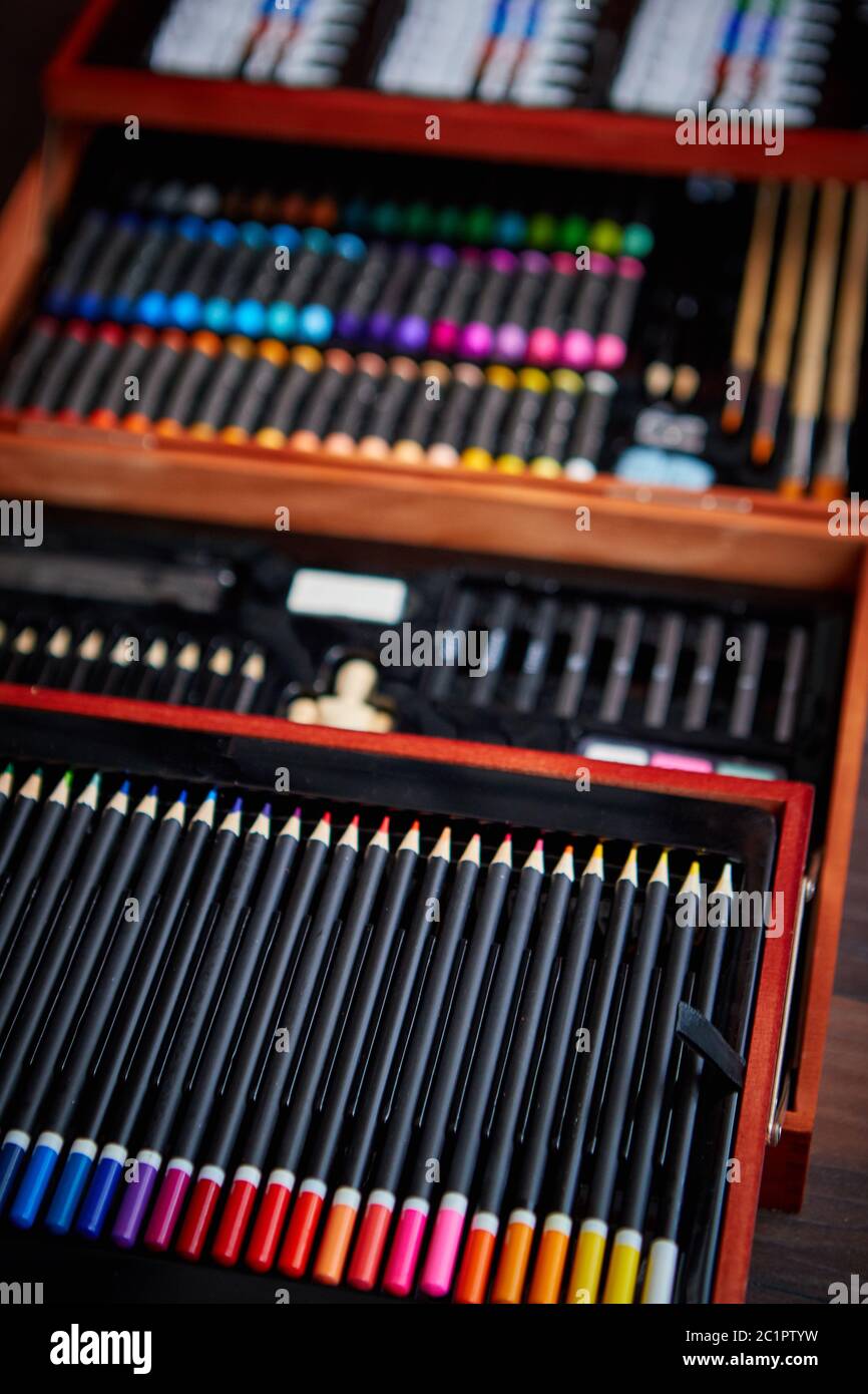 Professional artist drawer or painter set in wooden case Stock Photo ...