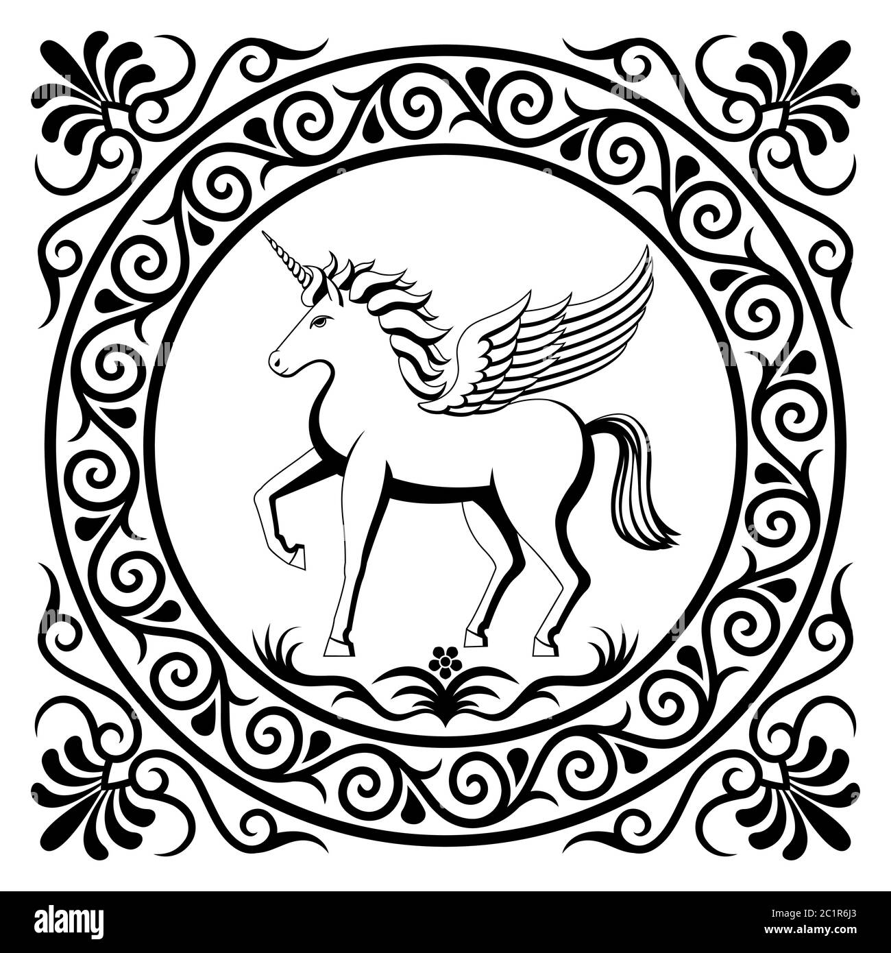 Antique round frame with unicorn on white background. Vintage vector ...