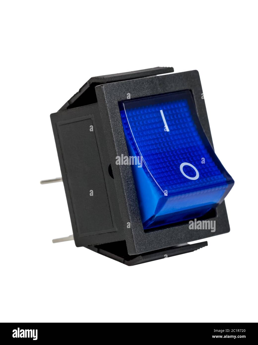 Blue electrical power switch, electronic component, isolated on white ...