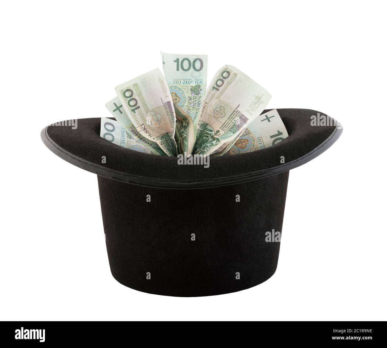 Polish money appearing from a top hat isolated on white background ...
