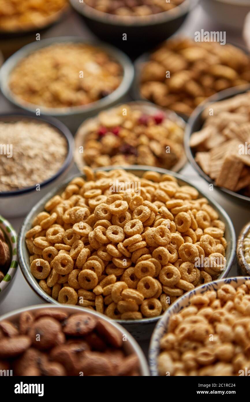 Close up and selective focus. Composition of different kinds cereals ...