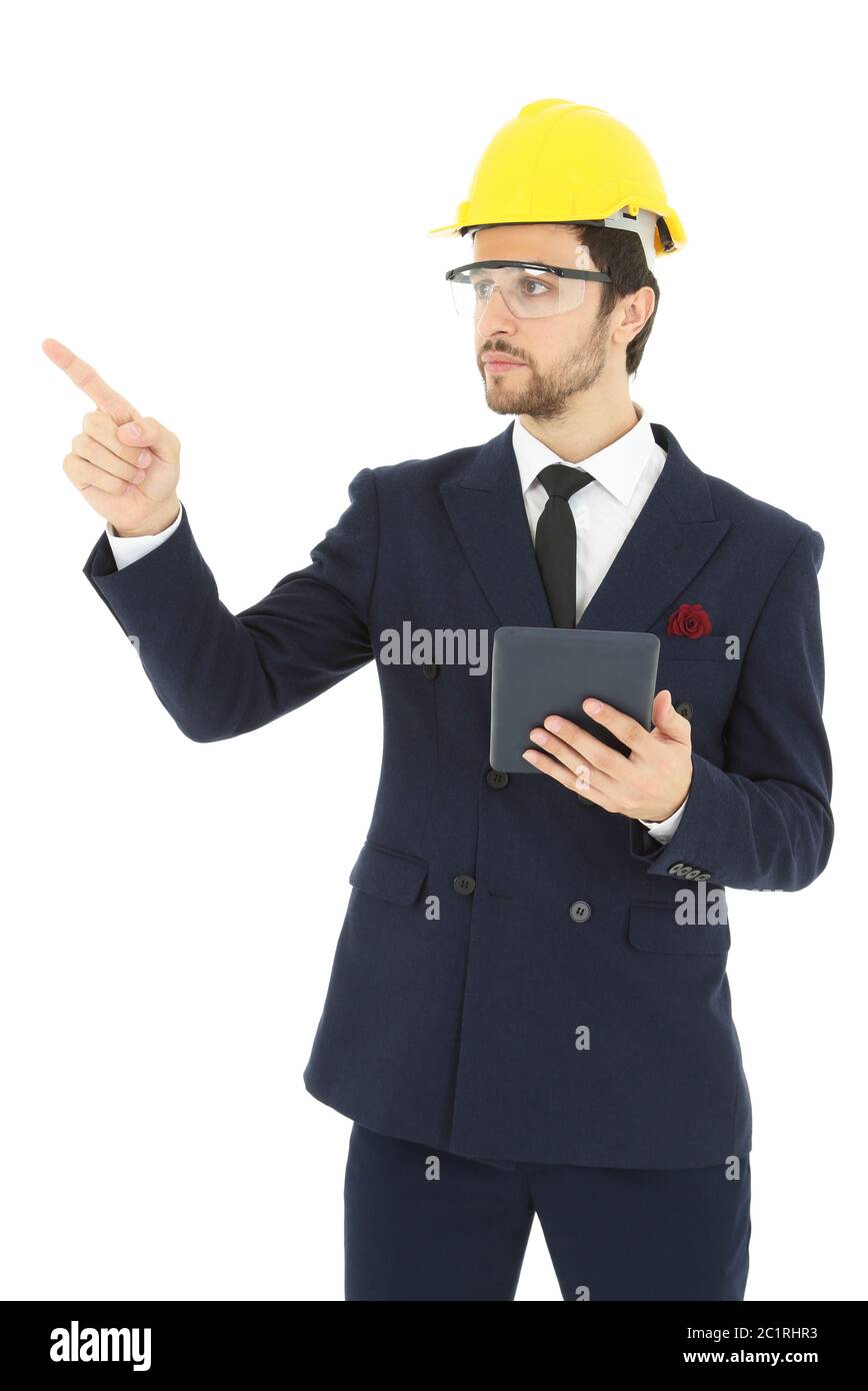 businessman engineer wearing yellow helmet on white background Stock ...