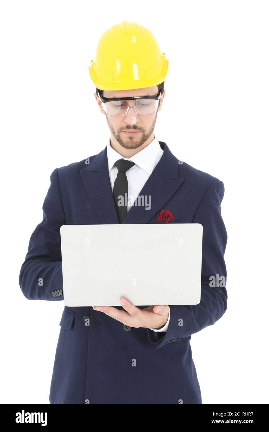 businessman engineer wearing yellow helmet on white background Stock ...