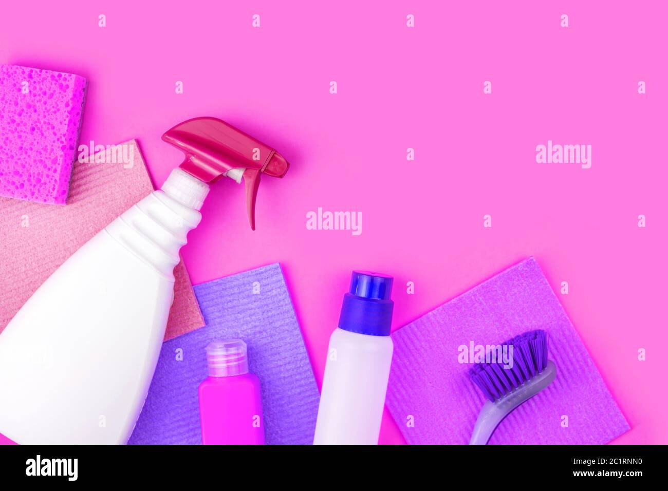 House cleaning products are on pink background. Cleaning concept Stock ...