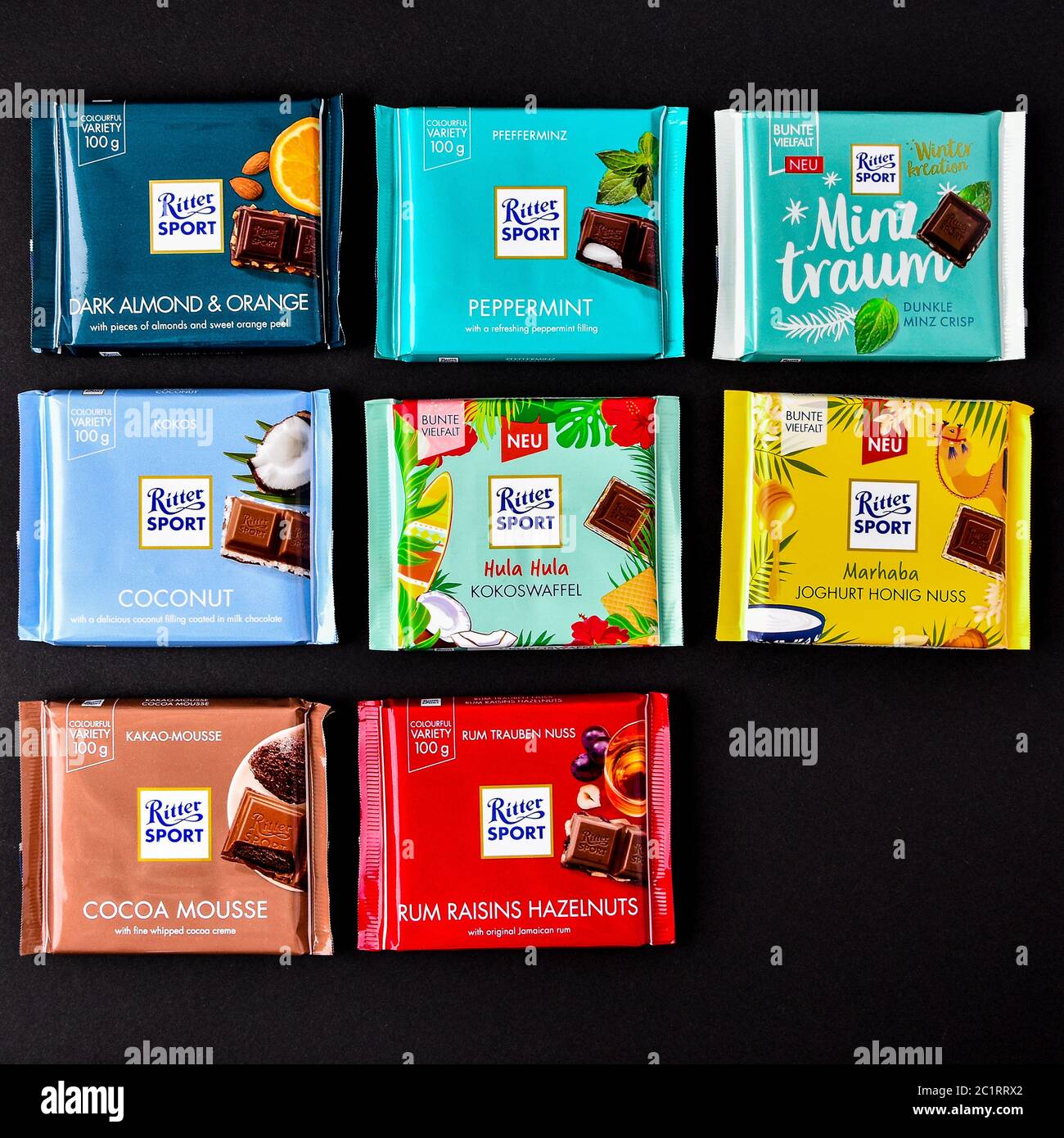 Zhytomyr, Ukraine June 02, 2020: Variety of Ritter Sport chocolate bars ...