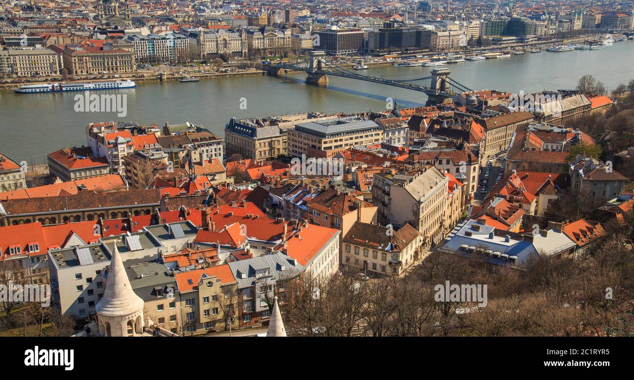 Budapest, Hungary, March 22 2018: Szechenyi Chain Bridge-one of the ...