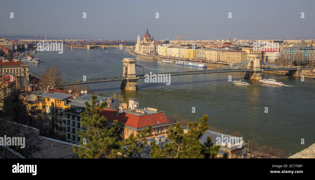 Budapest, Hungary, March 22 2018: Szechenyi Chain Bridge-one of the ...