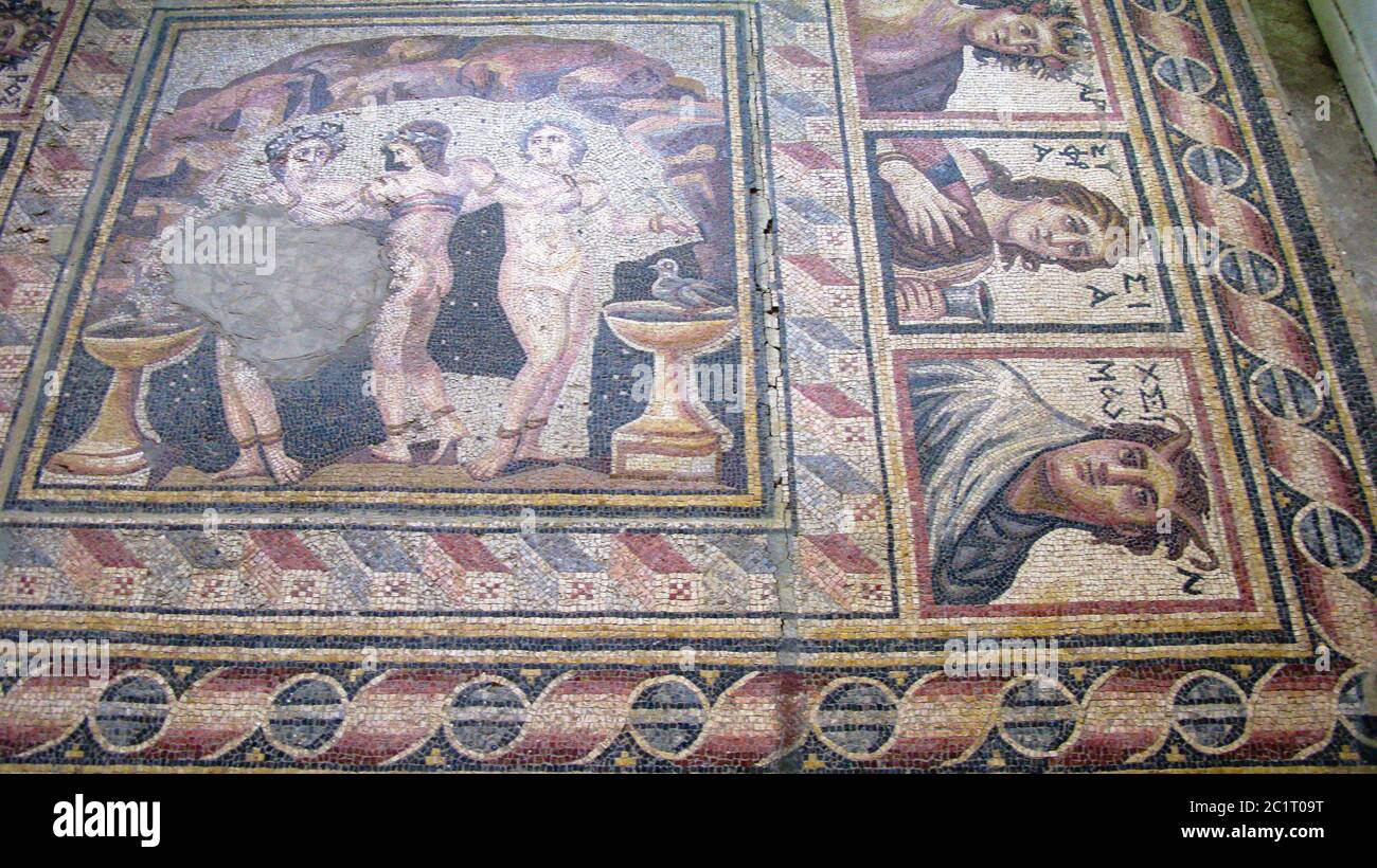 Mosaic floor of the roman termas ruin at Philippopolis at Shahbaa ...