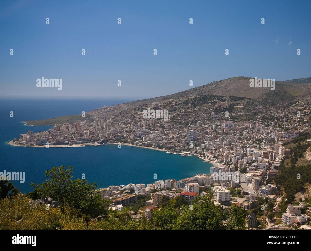 Aerial Panoramic view to Saranda city and bay of Ionian sea from ...