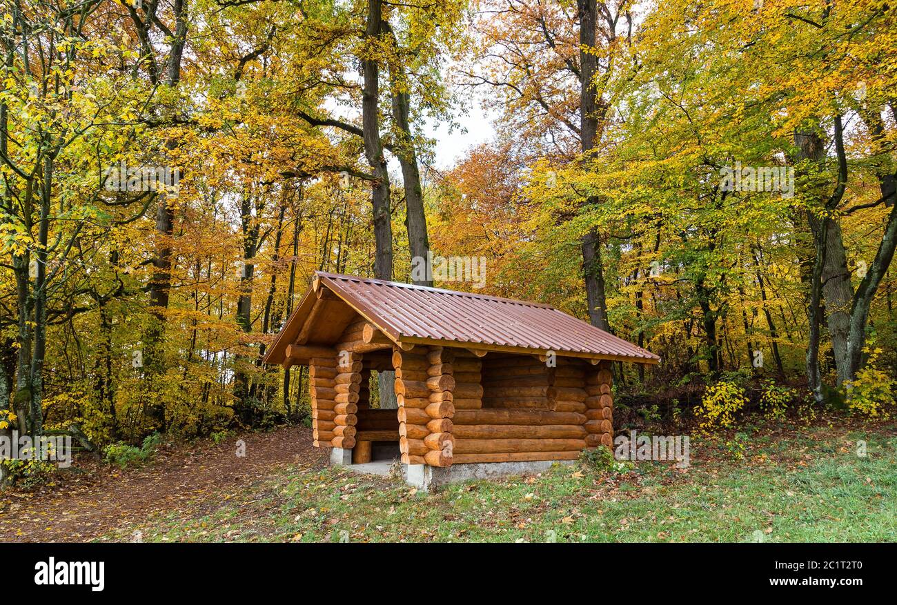 Wooden hut made of tree trunks at the edge of the forest Stock Photo ...