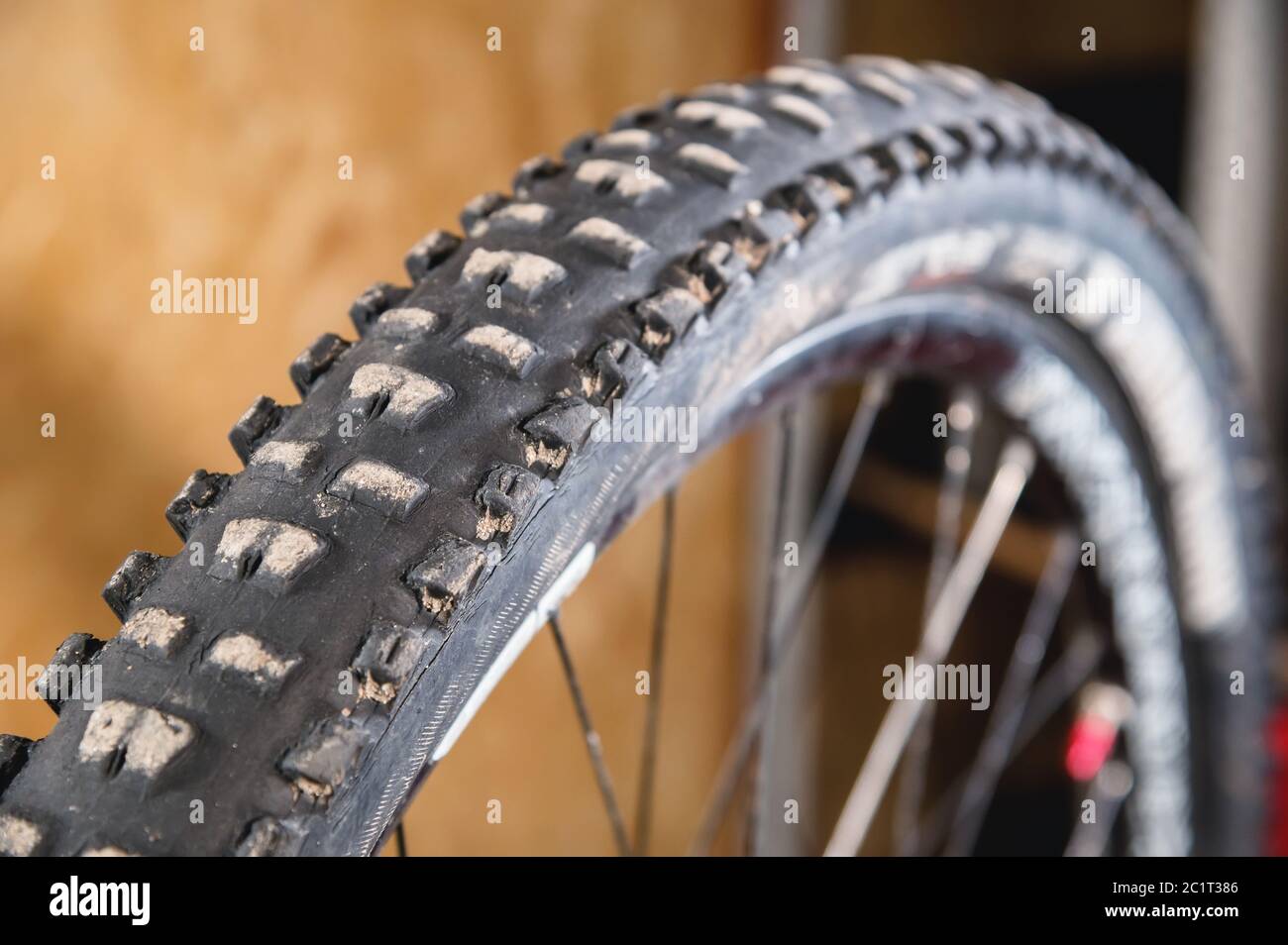 Mountain bike tire tread closeup at home workshop Stock Photo - Alamy