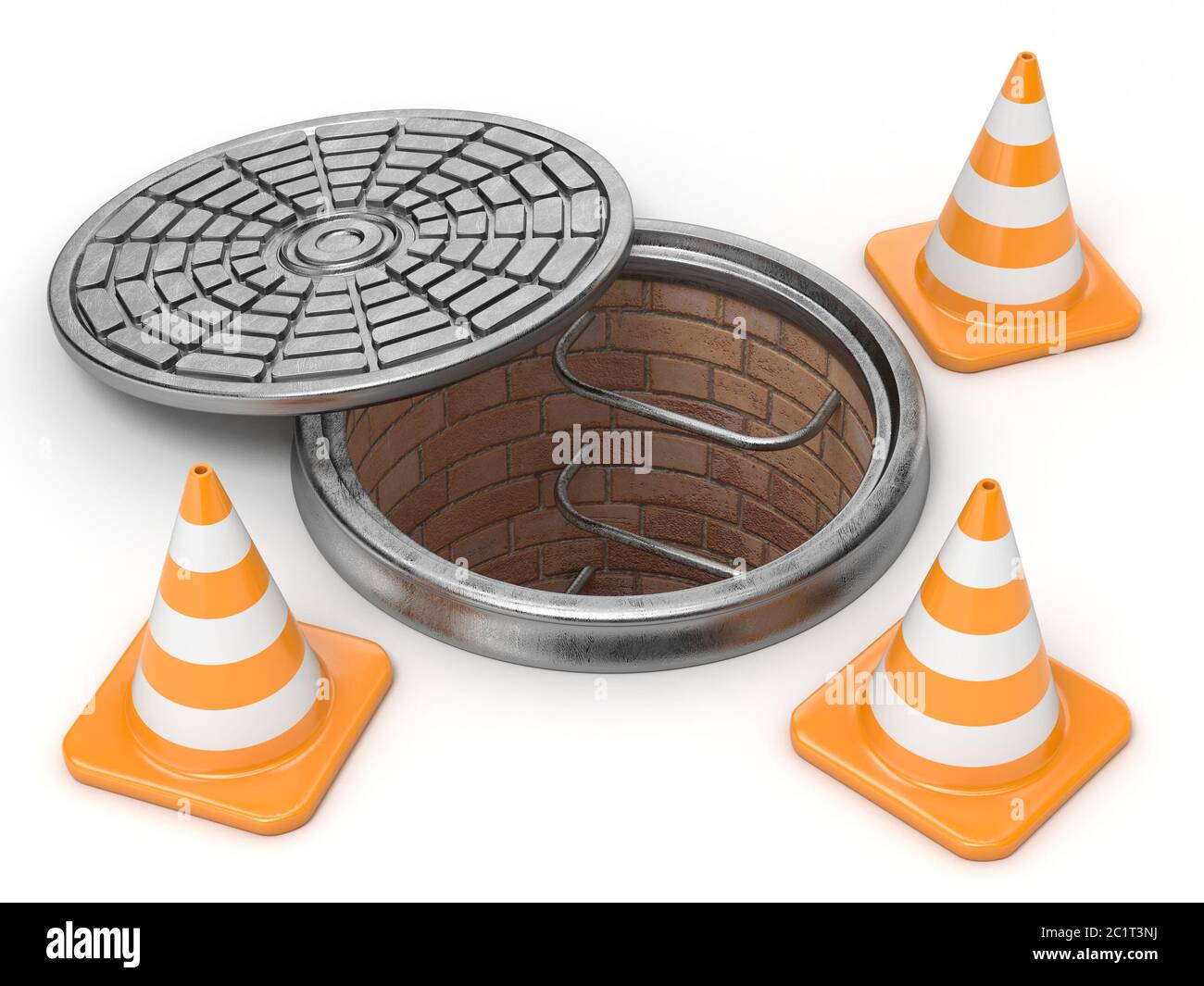 Open manhole and traffic cones. Under construction concept. 3D Stock ...